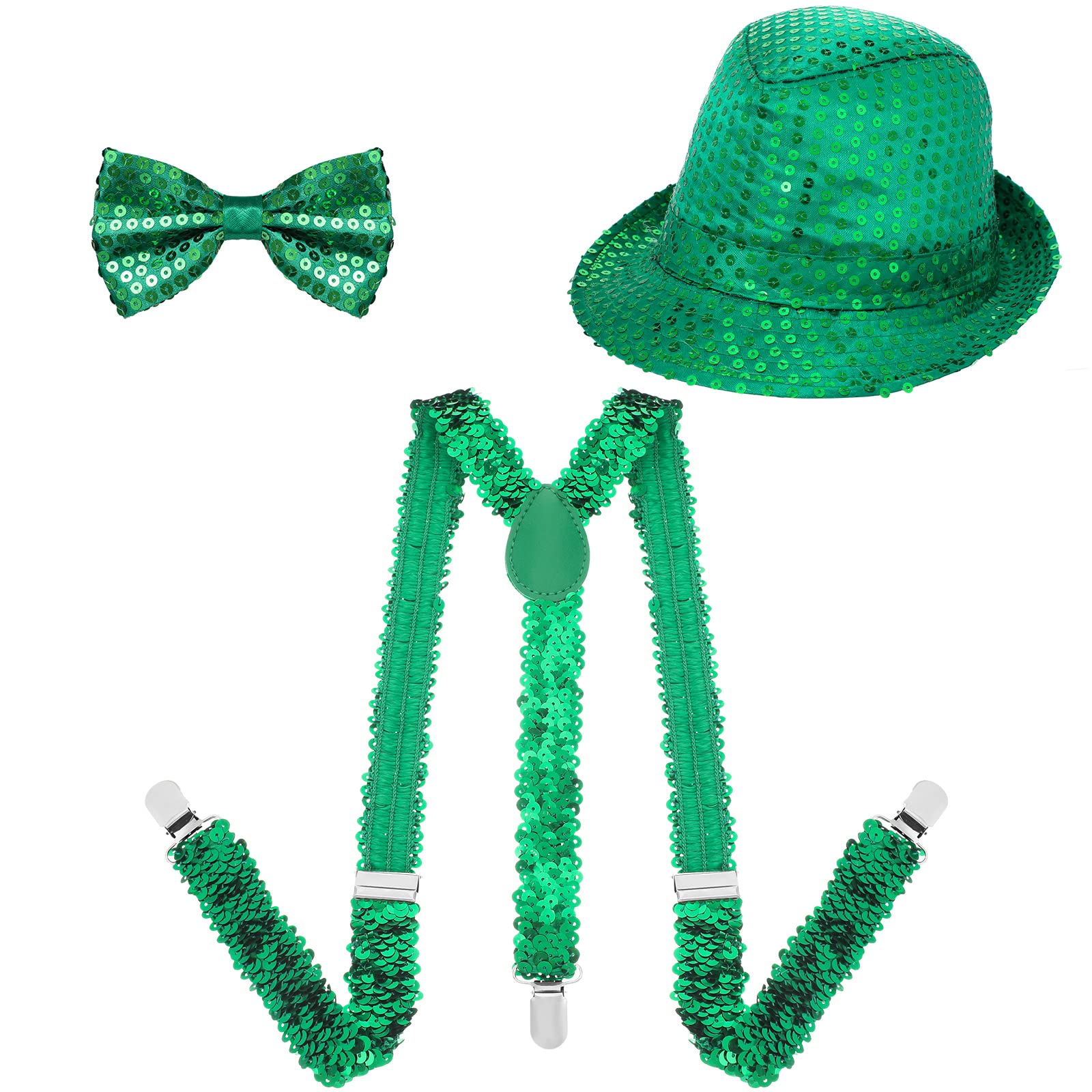 Jeyiour 3 Pcs St Patrick's Day Sequin Hat, Suspender and Bow Tie St Patrick's Day Costume Set Irish Party Fancy Cap Y Shape Adjustable Green Suspenders Bow Tie for Men Women