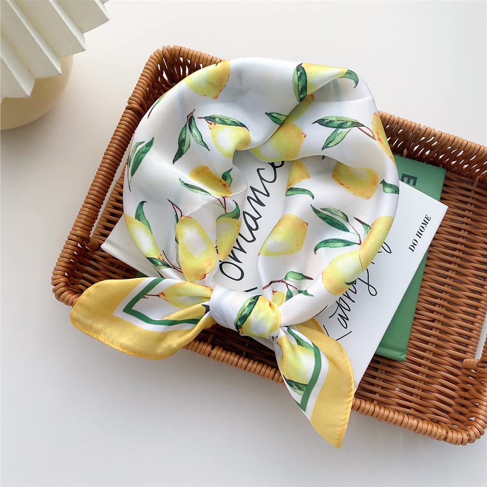NaSoPerfect Silk Like Scarf Square Handkerchief Lemon Pattern Satin Ribbon Neck Scarfs for Women Yellow 21" x 21"