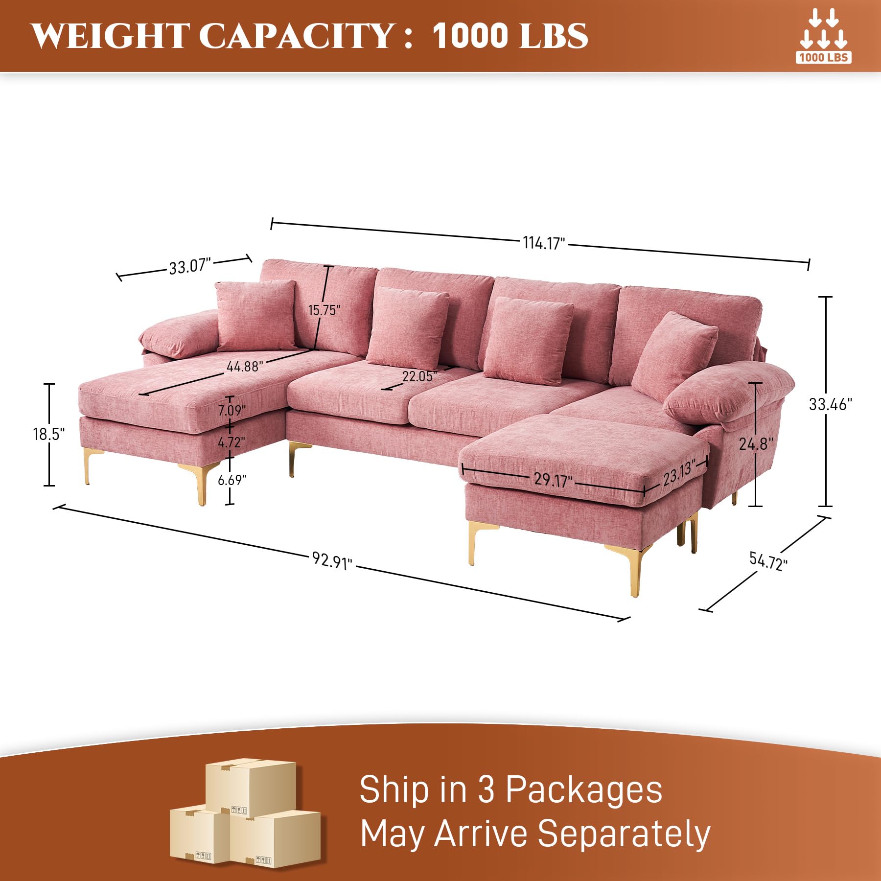 OUYESSIR U-Shaped Sectional Sofa for Living Room, 4 Seat Sofa Set Convertible L-Shaped Couch Set with Chaise Lounge, Ottoman and Pillows,114 inches, Light Pink Chenille
