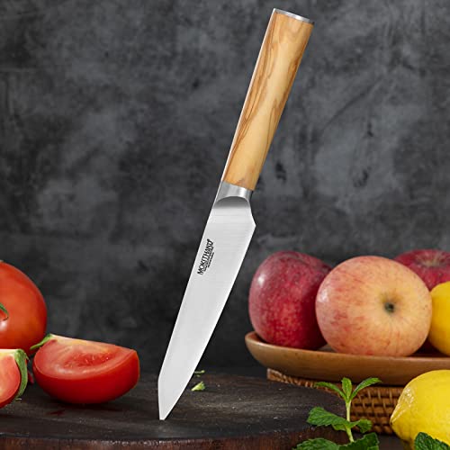 MOKITHAND Paring Knife 5 Inch Small Kitchen Knife, Professional Peeling Knife for Cutting Fruit Vegetables Meat, Forged German Steel Sharp Utility Knife with Sheath, Olive Wood Handle and Gift Box