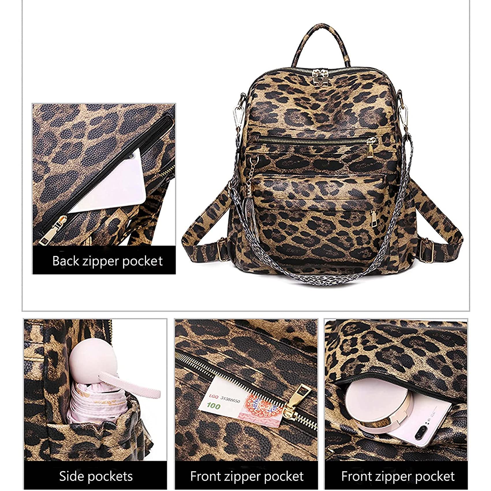 Jun Baobao Women's Fashion Purse Backpack Multipurpose Design Handbags and Shoulder Bag PU Leather Travel bag puzzle backpack (Leopard)