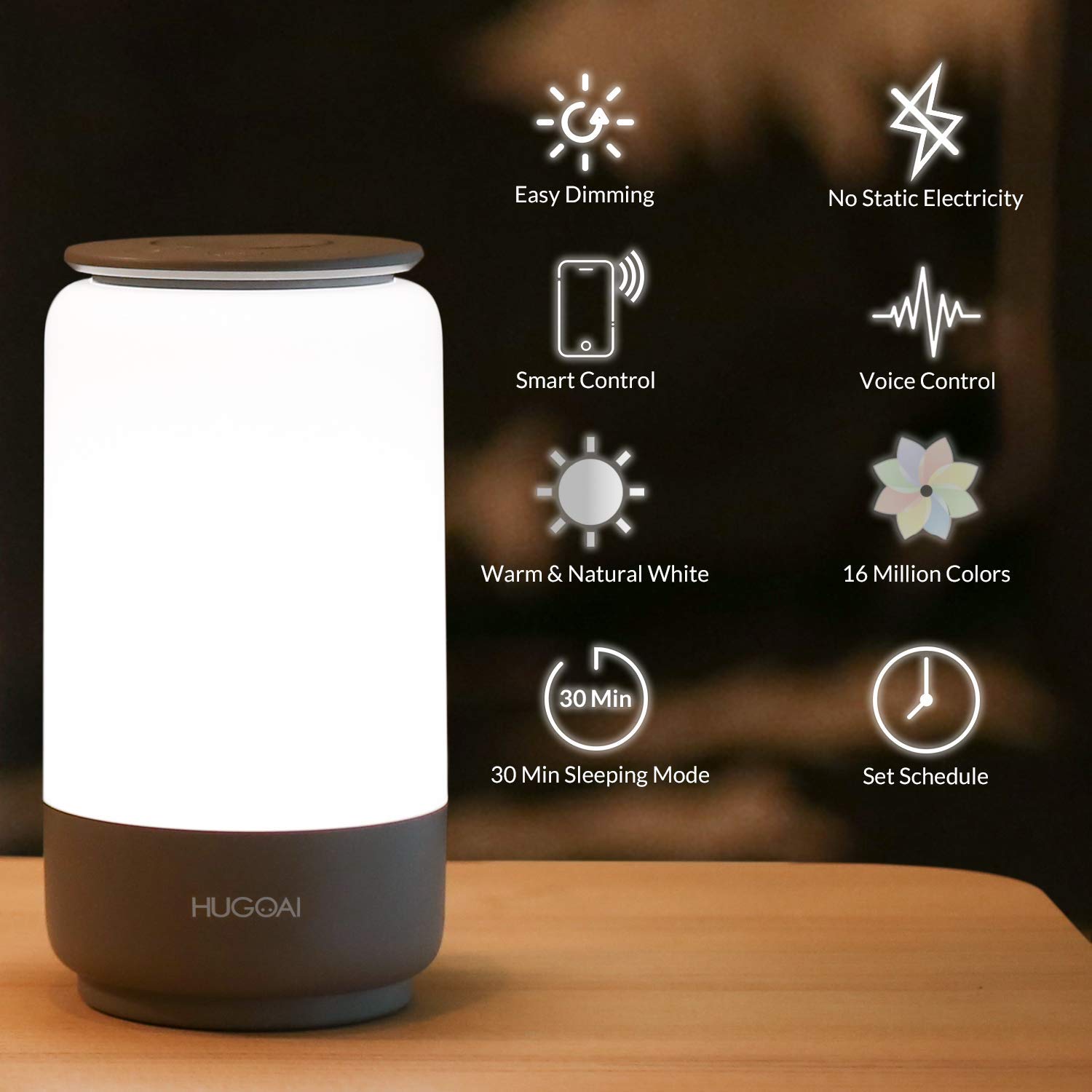 HUGOAI Smart Table Lamp, Dimmable RGBW Bedside Lamps for Bedroom, Works with Alexa and Google Home, LED Nightstand Lamp, No Hub Required, Grey【2022 Updated Version】