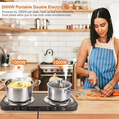 Hot Plate, 2000W Portable Electric Double Coil Burner with Dual Control & 5 Level Temperature Control, Easy to Clean, Lightweight Stainless Steel Countertop Stove for Kitchen Dorm Camping,110V