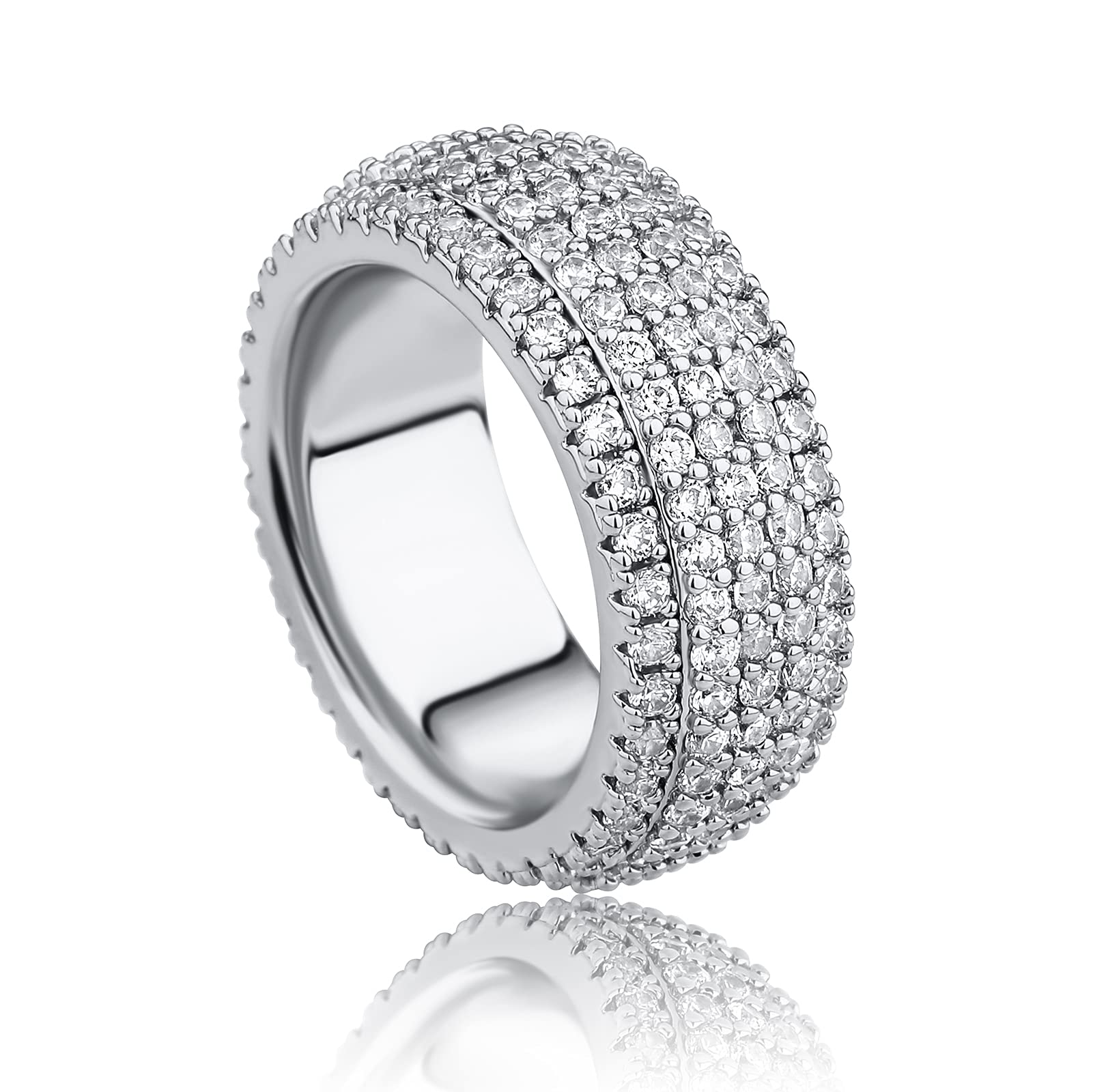 JINAO 9mm 5Rows 14K Gold Plated Iced Out Lab Simulated Diamond Cubic Zirconia Eternity Wedding Band Ring for Men Women (White Gold, 9)