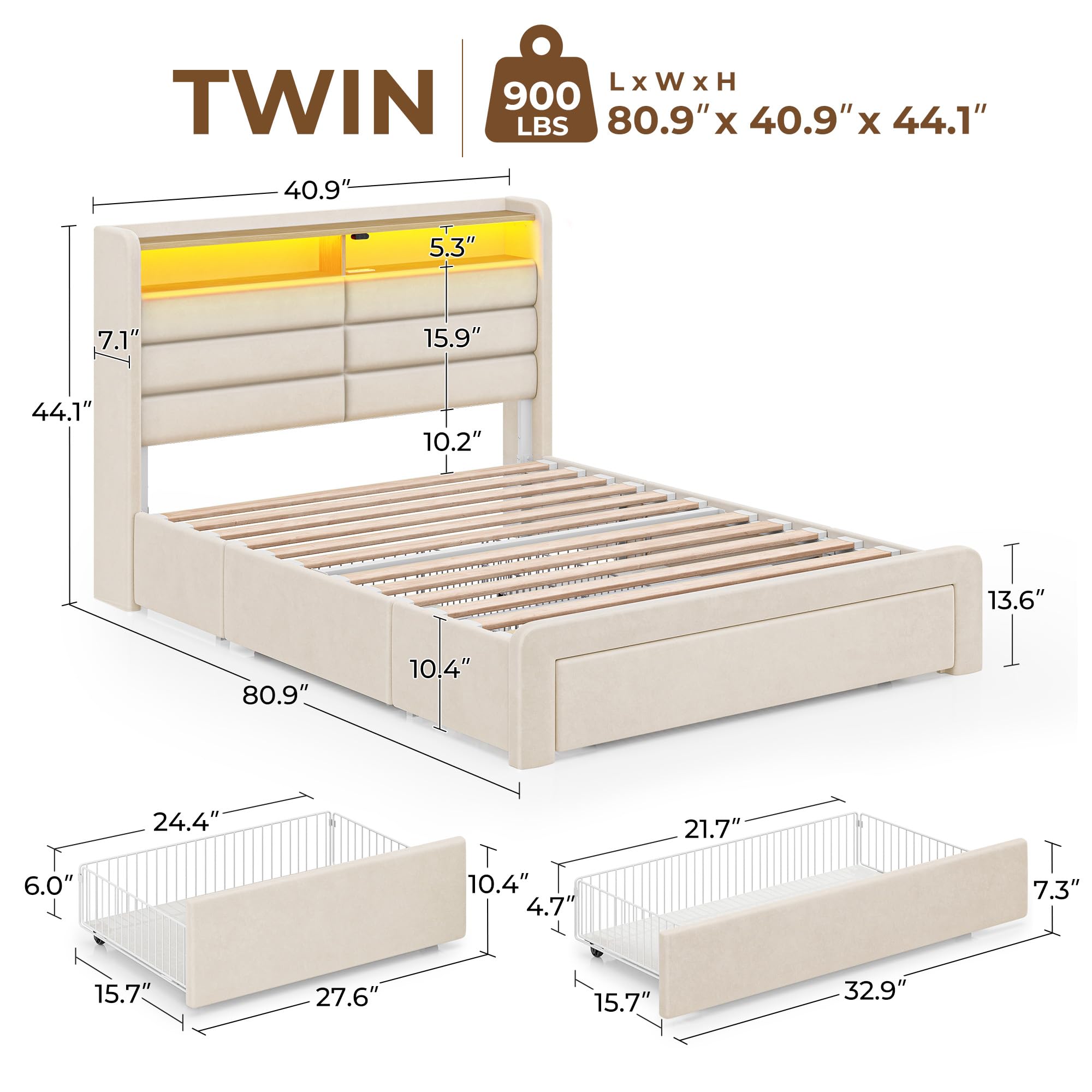 Seventable Full Size Bed Frame with 4 Storage Drawers & Charging Station, Upholstered Platform Bed with Storage Headboard and LED Light, No Box Spring Needed, Noise Free, Easy Assembly, Cream White