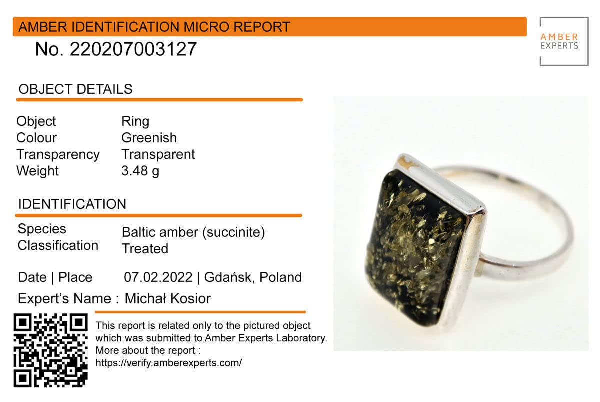 HolidayGiftShops Sterling Silver and Baltic Green Rectangle Amber Adult Ring- Size 9