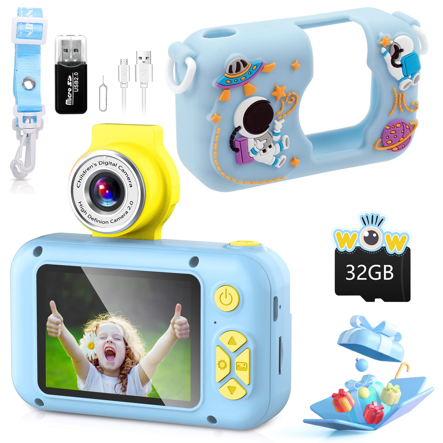 Kids Camera with 180° Flip-Up Lens, 2.4inch HD IPS Screen Digital Camera for Kids with Astronaut Silicone Case, with 32GB SD Card
