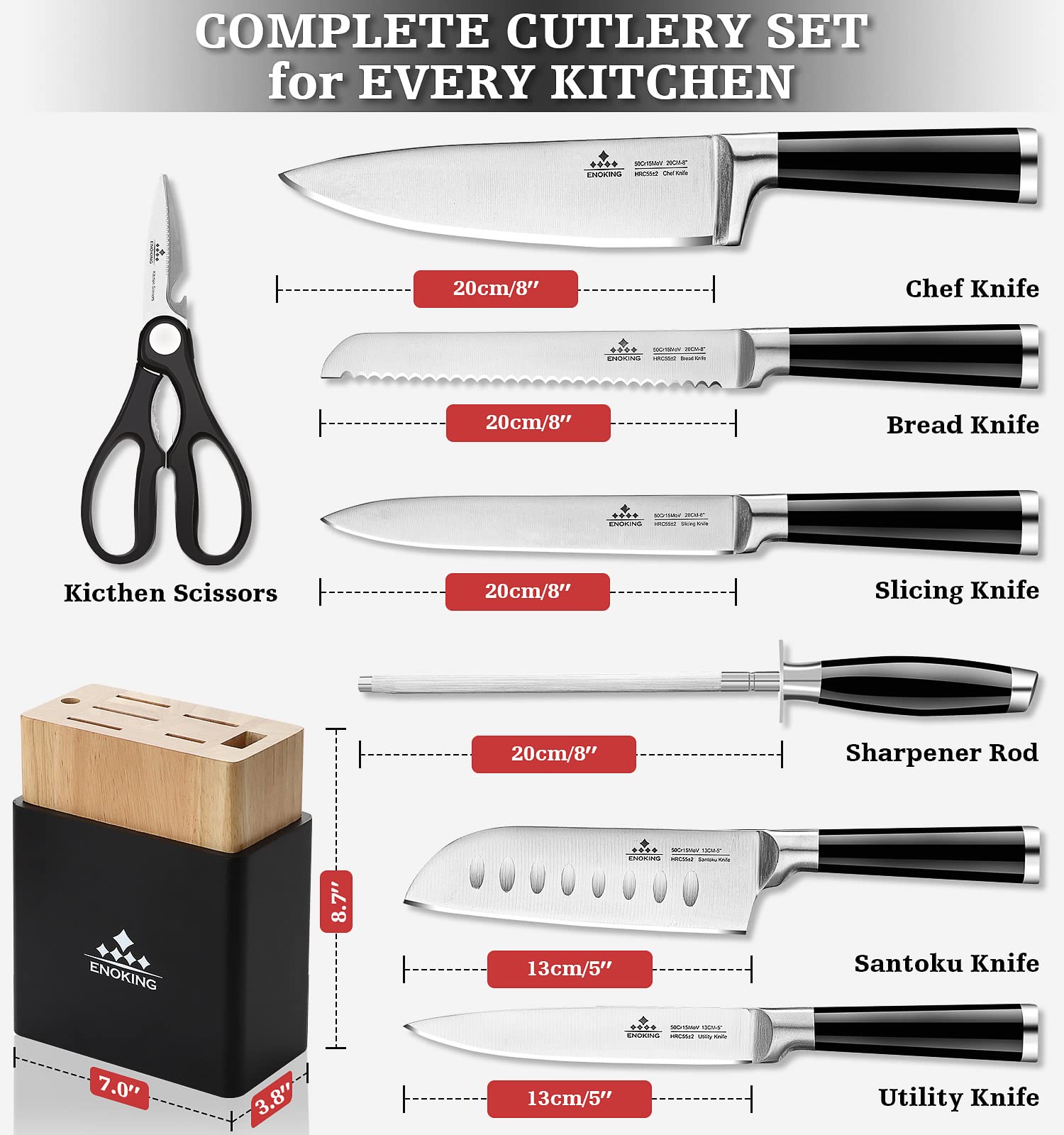 Knife Block Set, ENOKING 8 Pieces Kitchen Knife Set with Independent Sharpener, German Stainless Steel Knives Set for Meat, Vegetables, Fruits, Chopping, Slicing, Dicing & Cutting, Ultra Sharp