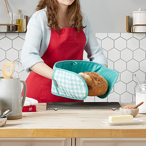 KitchenAid Gingham Casserole Mitt Single Pack, Aqua Sky Blue, 35"x7.5"
