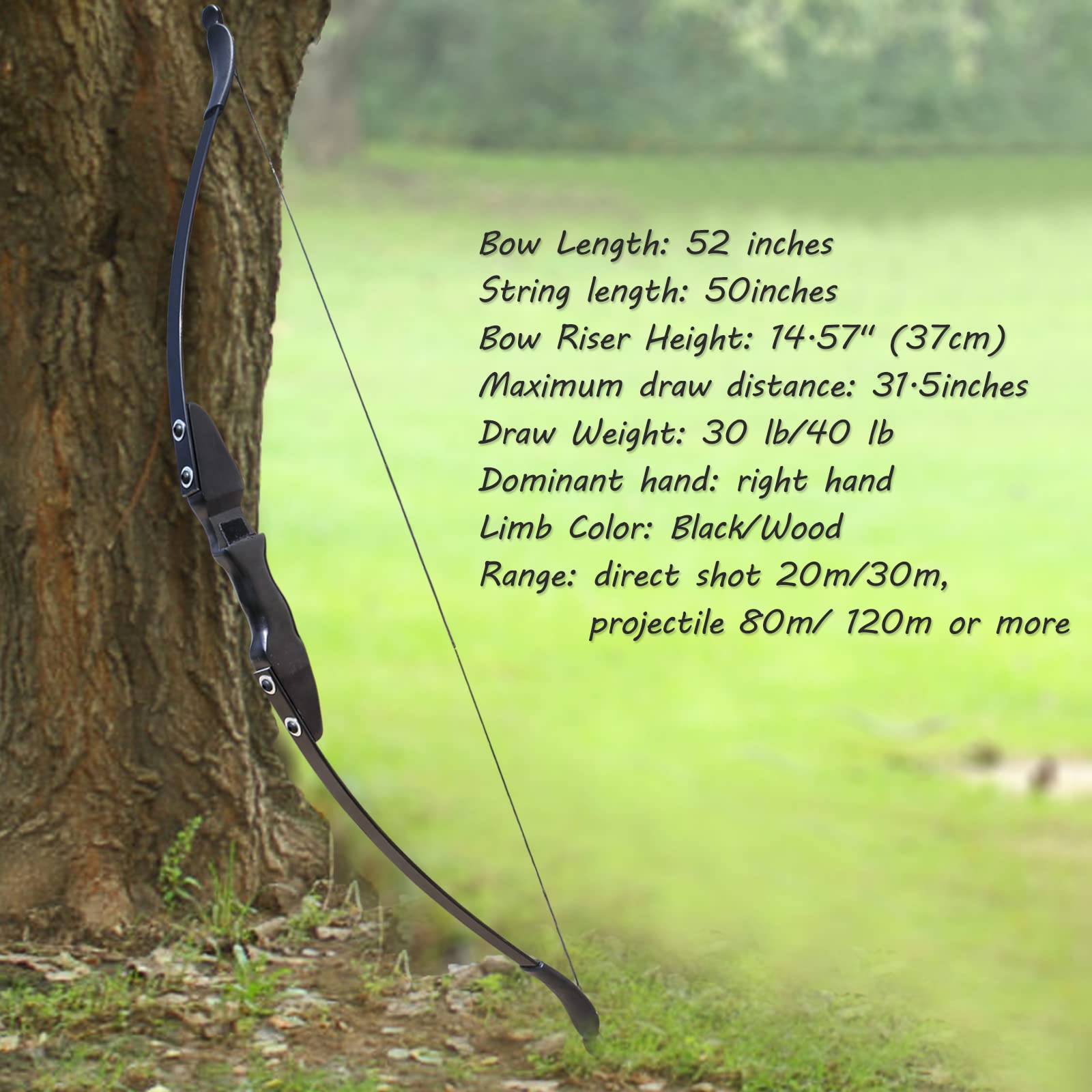 LDNUSSGEX Recurve Bow and Arrow Set for Adults Beginner, 52'' Traditional Wooden Bow, 30LB/40LBS Right Hand Archery Long Bows for Outdoor Training Target Practice Gift Backyard Game (Black 30lb)