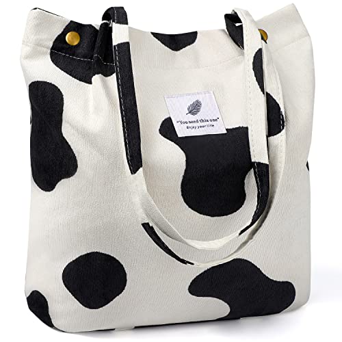 Ndeno Women Tote Bags Grocery Shoulder Bag Corduroy with Inner Pocket for Work Beach Lunch Travel Shopping Shopper Handbags (Cow)