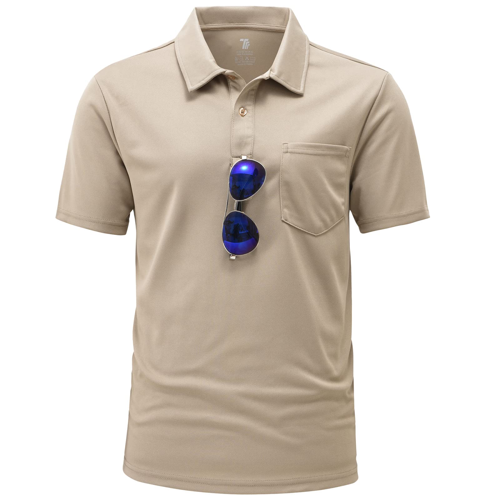JHMORP Men's Golf Polo Shirts Collared Shirts Short Sleeve Quick Dry Outdoor Shirts with Pocket Khaki,L