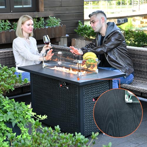 HANLIKO 42 Inch Outdoor Propane Gas Fire Pit Table, 50,000 BTU Auto-Ignition Gas Firepit with Glass Wind Guard, Alloy Wood Grain Tabletop, Black
