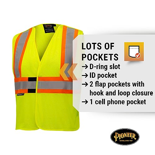 Pioneer High Vis Flame Resistant Vest β For Men and Women - 3 Snap Button Front - Mesh - Reflective Tape - Yellow/Green