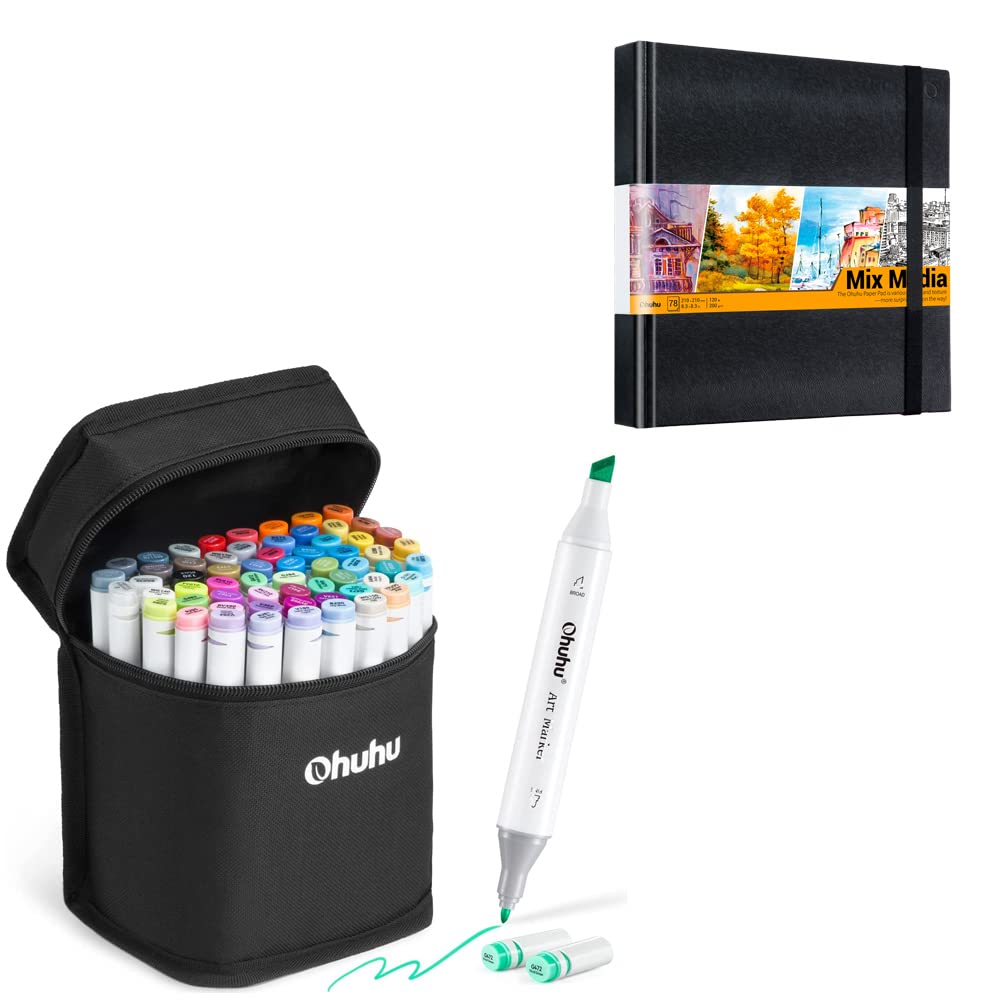 Ohuhu Markers, Alcohol Based Double Tipped Art Marker Set + Mix Media Pad, 8.3"x8.3" Mixed Media Art Sketchbook