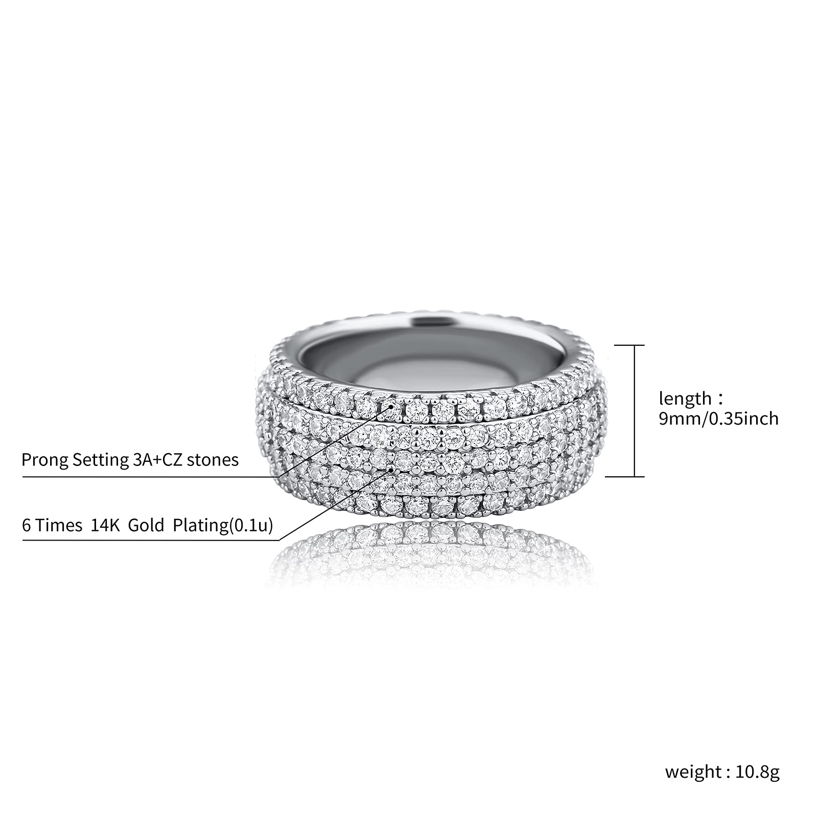 JINAO 9mm 5Rows 14K Gold Plated Iced Out Lab Simulated Diamond Cubic Zirconia Eternity Wedding Band Ring for Men Women (White Gold, 9)