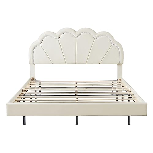 Queen Upholstered Smart LED Bed Frame with Elegant Flowers Headboard,Wooden Slats Support, Floating Velvet Platform Bed for Kids (Beige/Flower2)