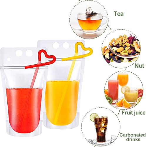 LOMIMOS 50 PCS Stand-Up Plastic Drink Pouches,Reusable Heavy Duty Hand-Held Translucent Reclosable Zipper Drink Bag with 50 Straws for Smoothie Juice Adult Party