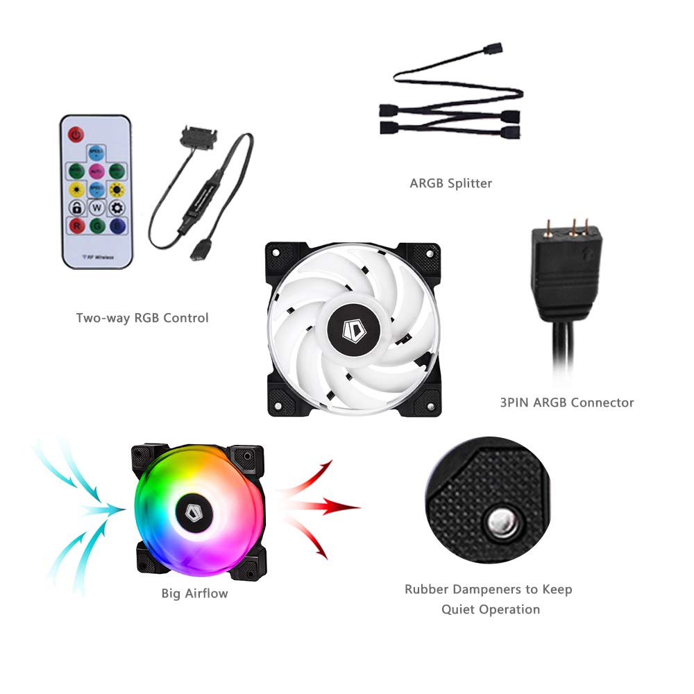 ID-COOLING DF-12025-ARGB Trio PC Case Fan 120mm CPU Cooling Fan Addressable RGB Case Fan 5V ARGB MB Aura Sync PWM Fan for CPU Cooler/Raidator/PC Chassis(Remote Control Included)