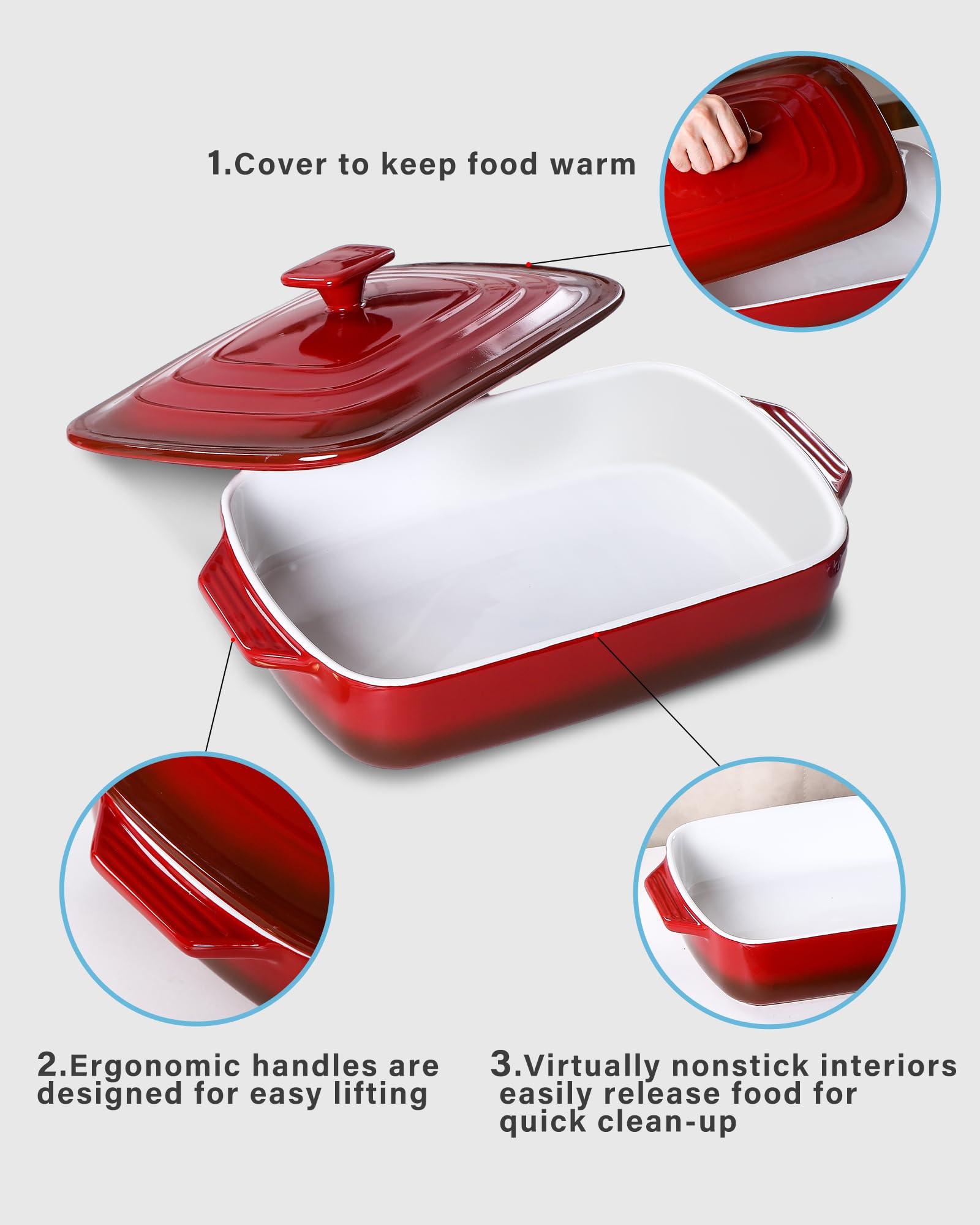 Lareina Large Ceramic Casserole Dish with Lid, 4.0 Quart Covered Rectangular Stoneware Baking Dishes for Oven, Deep 9x13 Inch Lasagna Pans for Baking and Serving, Perfect for Christmas Gifts, Bule