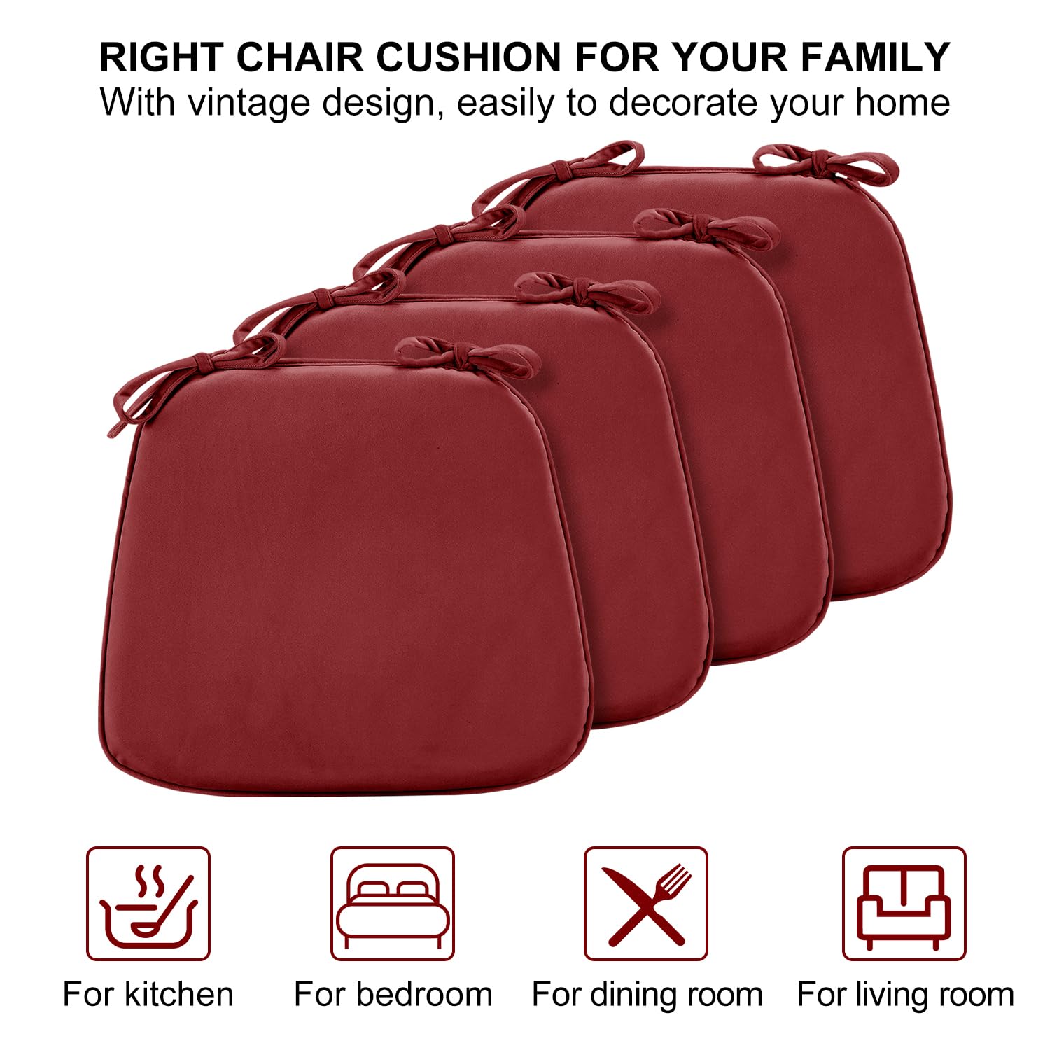 LOVTEX Chair Cushions for Dining Chairs 4 Pack - 17"x16"x1.5" Kitchen Chair Cushions - Dining Chair Pads with Ties, Red