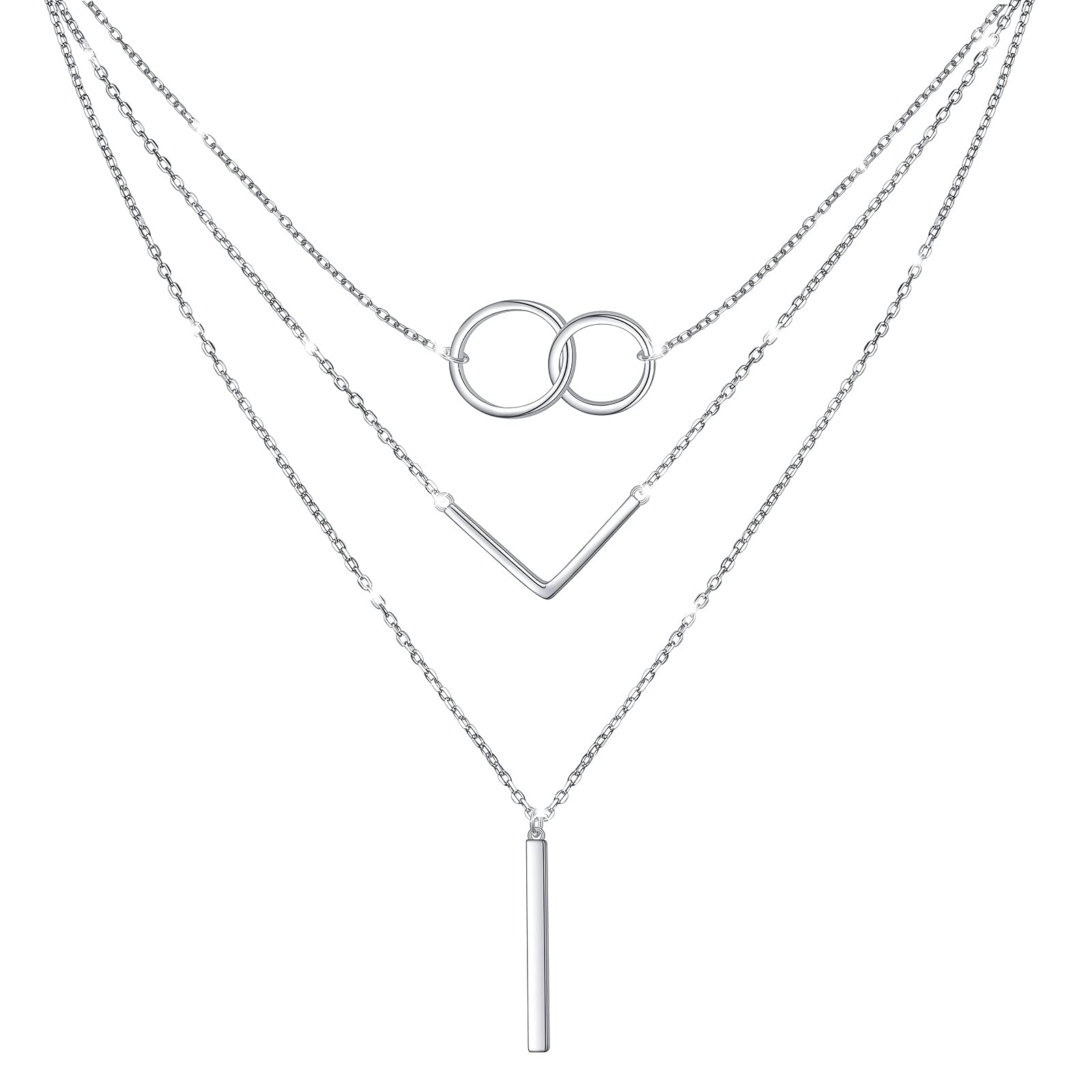 JZMSJF Layered Necklaces for Women S925 Sterling Silver Double Circles 3 Layer Choker Necklaces Jewelry Gift