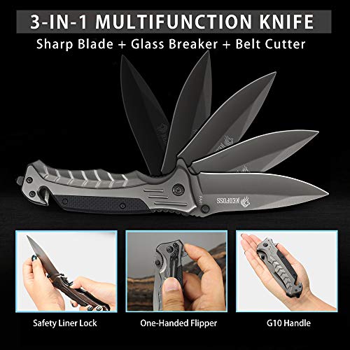 NedFoss Knifes Pocket Knives for Men, Folding Pocket Knife with Glass Breaker, Seatbelt Cutter, G10 Handle, Thumb Stud for Emergency Rescue, Household, Workshop (FA46)