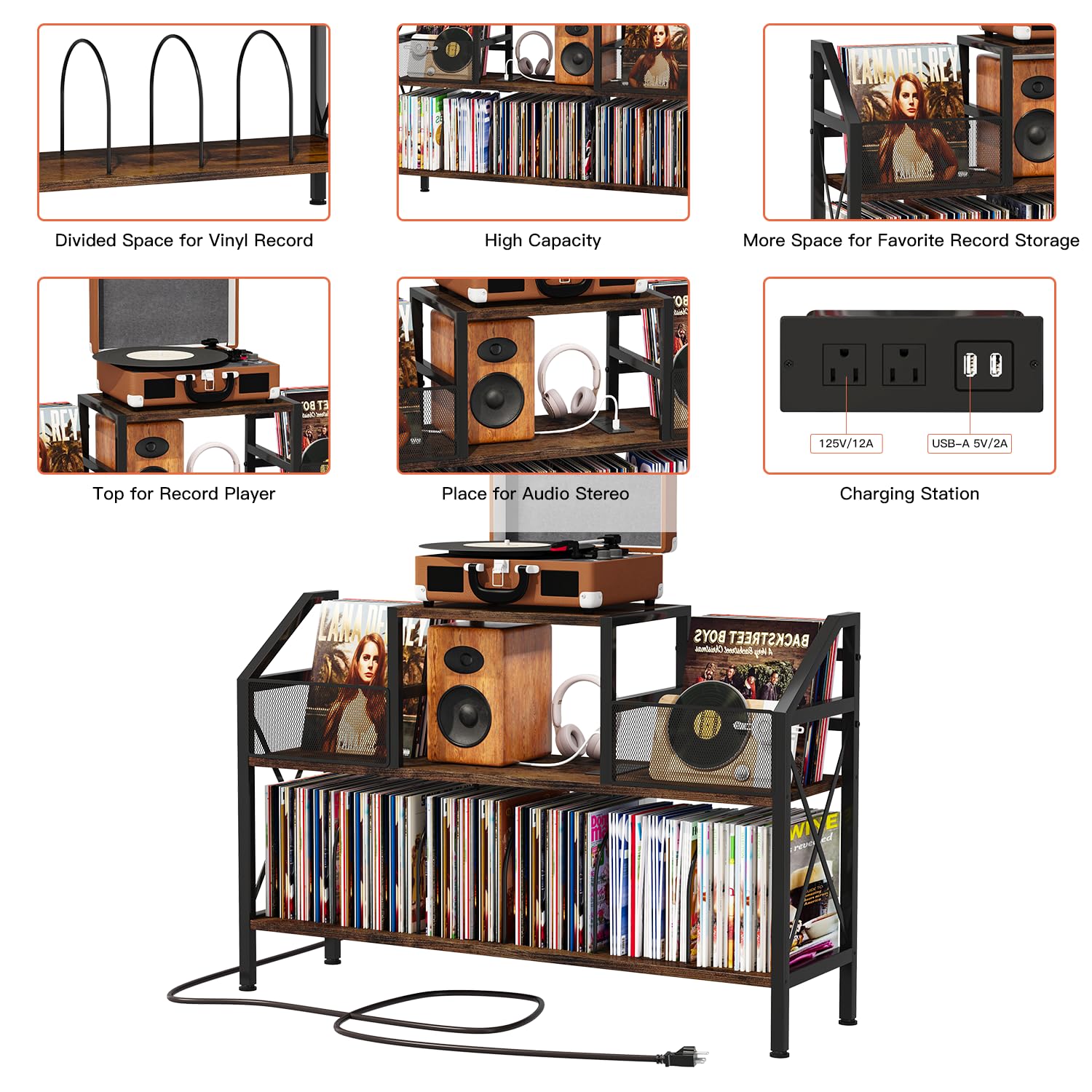 Homeiju Record Player Stand Holds up to 500 Albums,Turntable Stand with Vinyl Record Player Storage Cabinet,Large Record Player Table Vinyl Album Storage（Patent Pending）