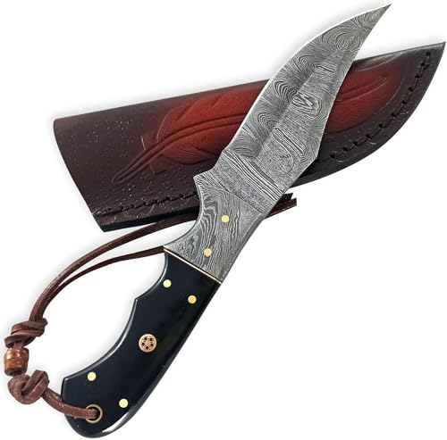 Handmade Damascus Hunting Knife with Sheath - Fixed Blade Hunting Knives for Men - Walnut Wood Handle Fixed Blade EDC Knife With Leather Sheath - Bushcraft Knives, Camping Knife Survival