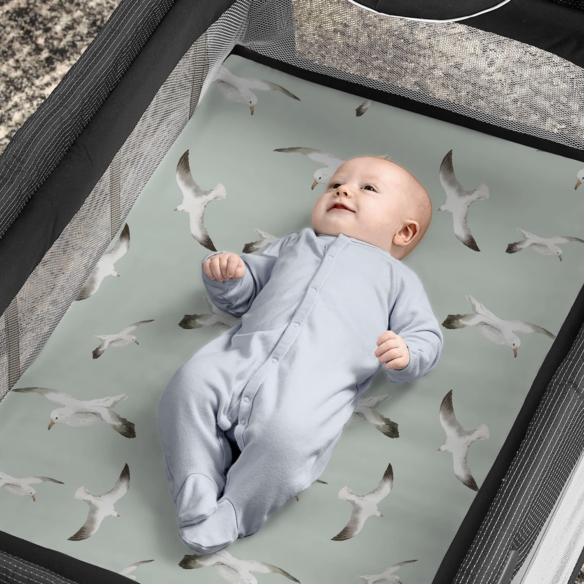 Pack n Play Stretchy Fitted Playard Sheet Set BROLEX Portable Mini Crib Sheets ,Convertible Mattress Cover ,Ultra Soft Material, 2 Pack, Duck Seabird