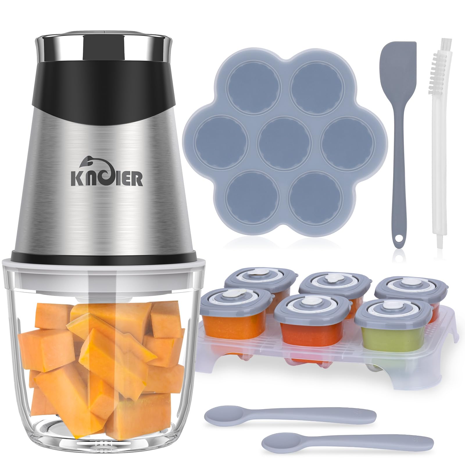 KNOIER Baby Food Maker, 14 in 1 Set for Baby Food, Fruits, Meat, Mini Baby Food Processors with Containers/Food Chopper with 6 Bi-Level Blades, Baby Essentials Gift Set with Baby Food Feeder