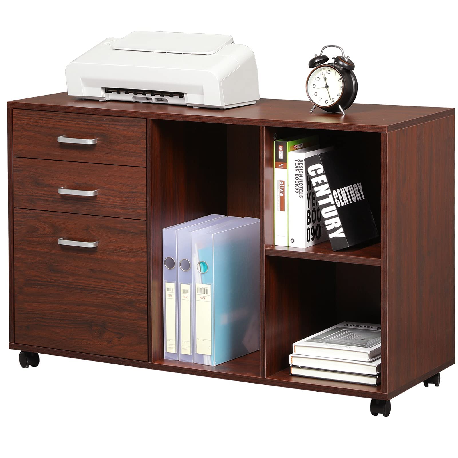 Itaar 39" Wood File Cabinets for Home Office 3 Drawers, Office Printer Stand with Storage, Rolling Lateral Filing Cabinet on Wheels, Cherry Red