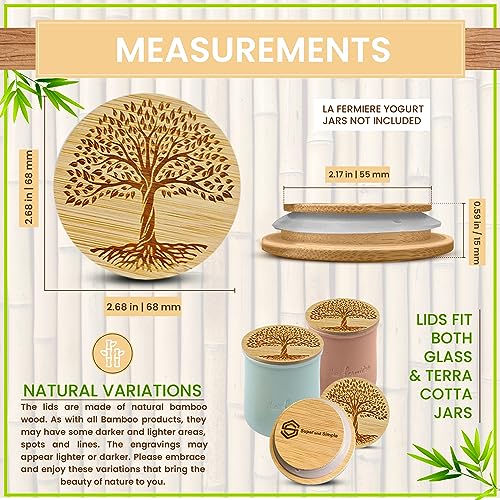 La Fermiere Yogurt Container Covers β Tree of Life Design or Choose a Design - 4 Bamboo Wood Lids Set With Extra Silicone Gaskets - Perfect Airtight Fit