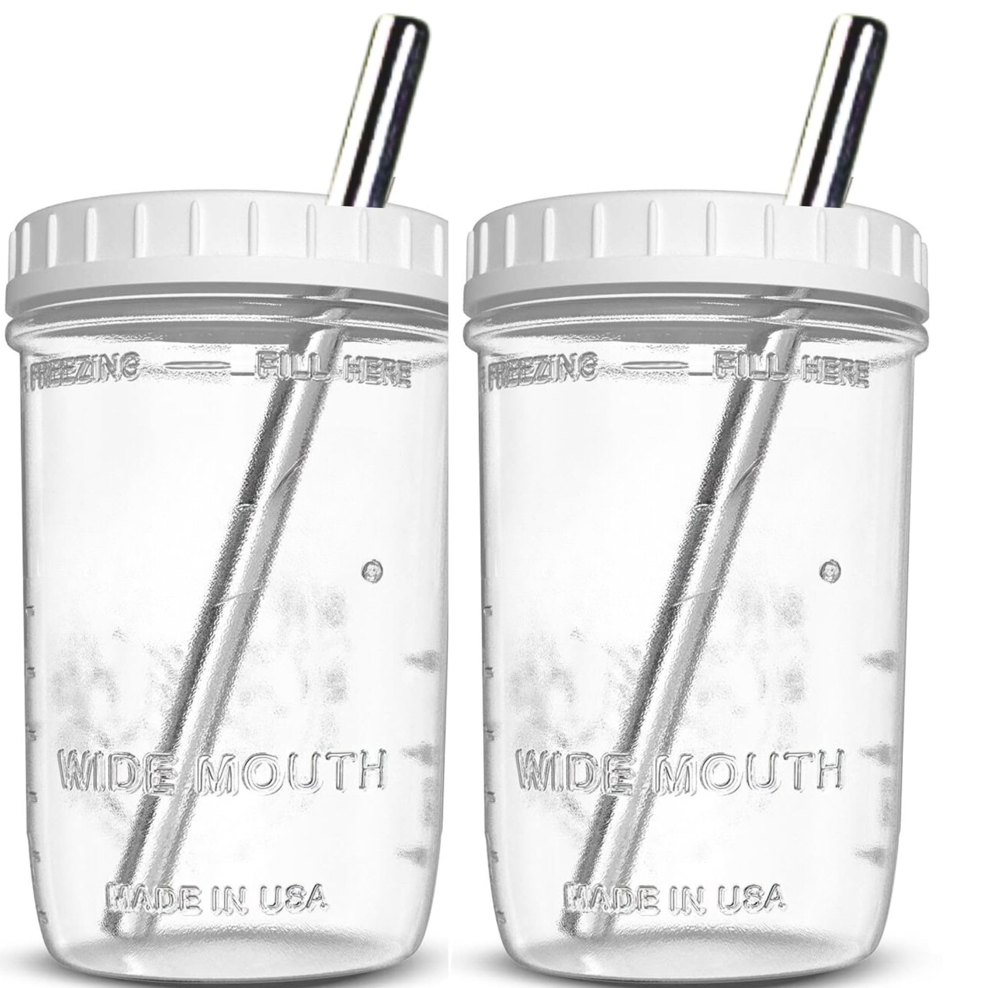 Jarming Collections Travel Glass Reusable Smoothie Cups with Lids and Straws - Glass Smoothie - Mason Jar with Lid and Straw, Freezer Safe Smoothie Wide Mouth Mason Jar Drinking Glasses, (2, 16oz)