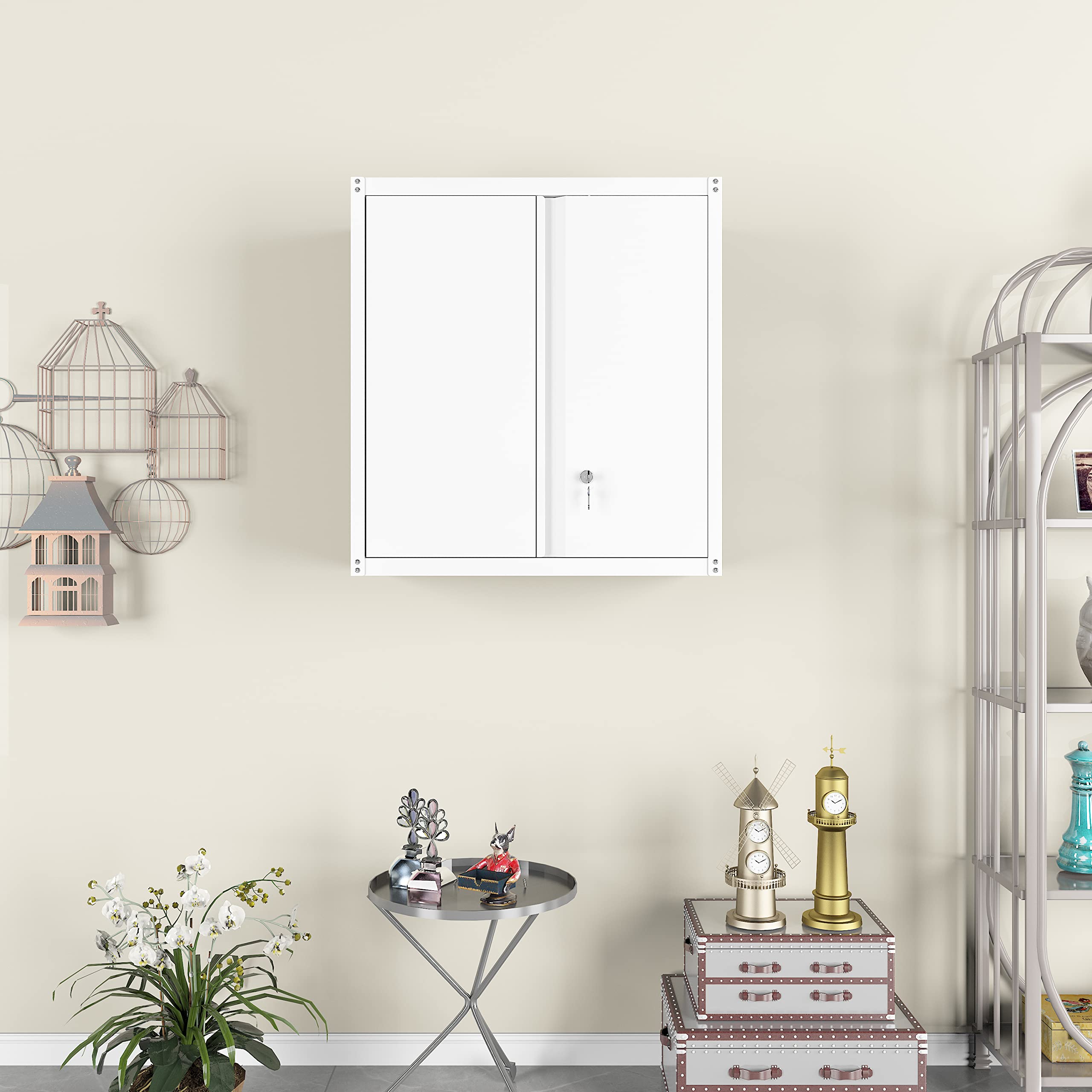 GREATMEET Metal Garage Wall Cabinet, Wall Mount Storage Cabinets with Locking Doors and Shelf, 28" Small Cabinets for Garage, Laundry Room, Kitchen, Pantry, Black Color