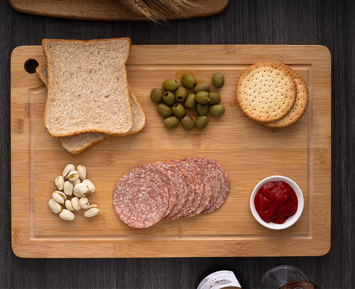 Large Bamboo Cutting Board Cheese Board Cheese Tray with Juice Groove & Round Groove, Chopping Board Charcuterie Board Christmas
