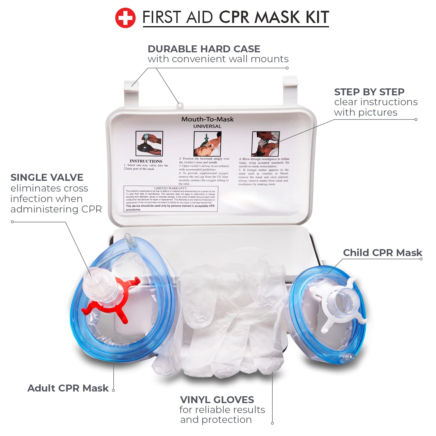 NOVAMEDIC First Aid CPR Mask Kit for Adult, Child and Infant, 8.3βx5βxβ3.1β, Detachable Single Valve Pocket Resuscitator with Hard Case, Wall Mount and Vinyl Gloves