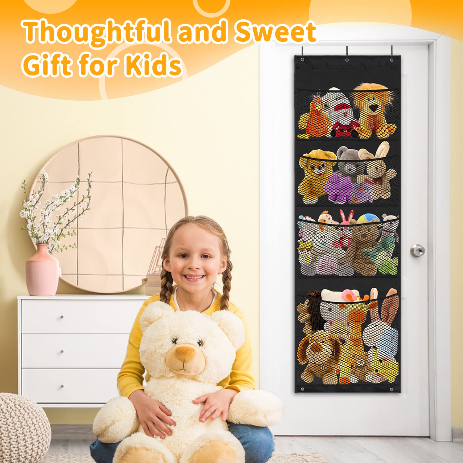 Over The Door Stuffed Animal Storage, Msoesticc.dl Hanging Stuff Animal Organizer with 4 Breathable Large Pockets Eassy Access Toy Storage for Kids Room Bathroom Nursery