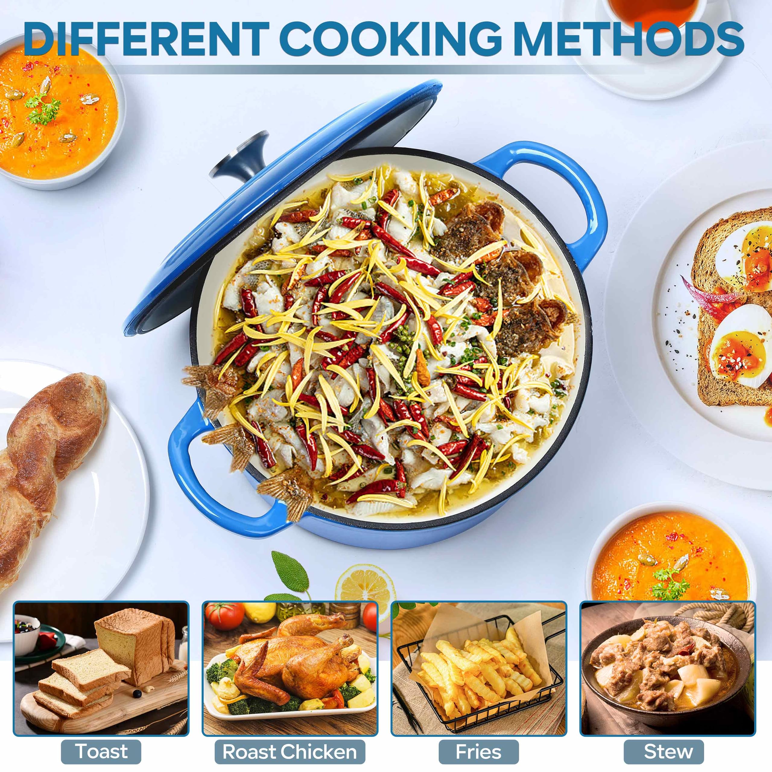 Herogo 6 Quart Enameled Cast Iron Dutch Oven with Lid, Round Dutch Oven Pot with Dual Handles for Bread Baking Stewing Roasting Blue