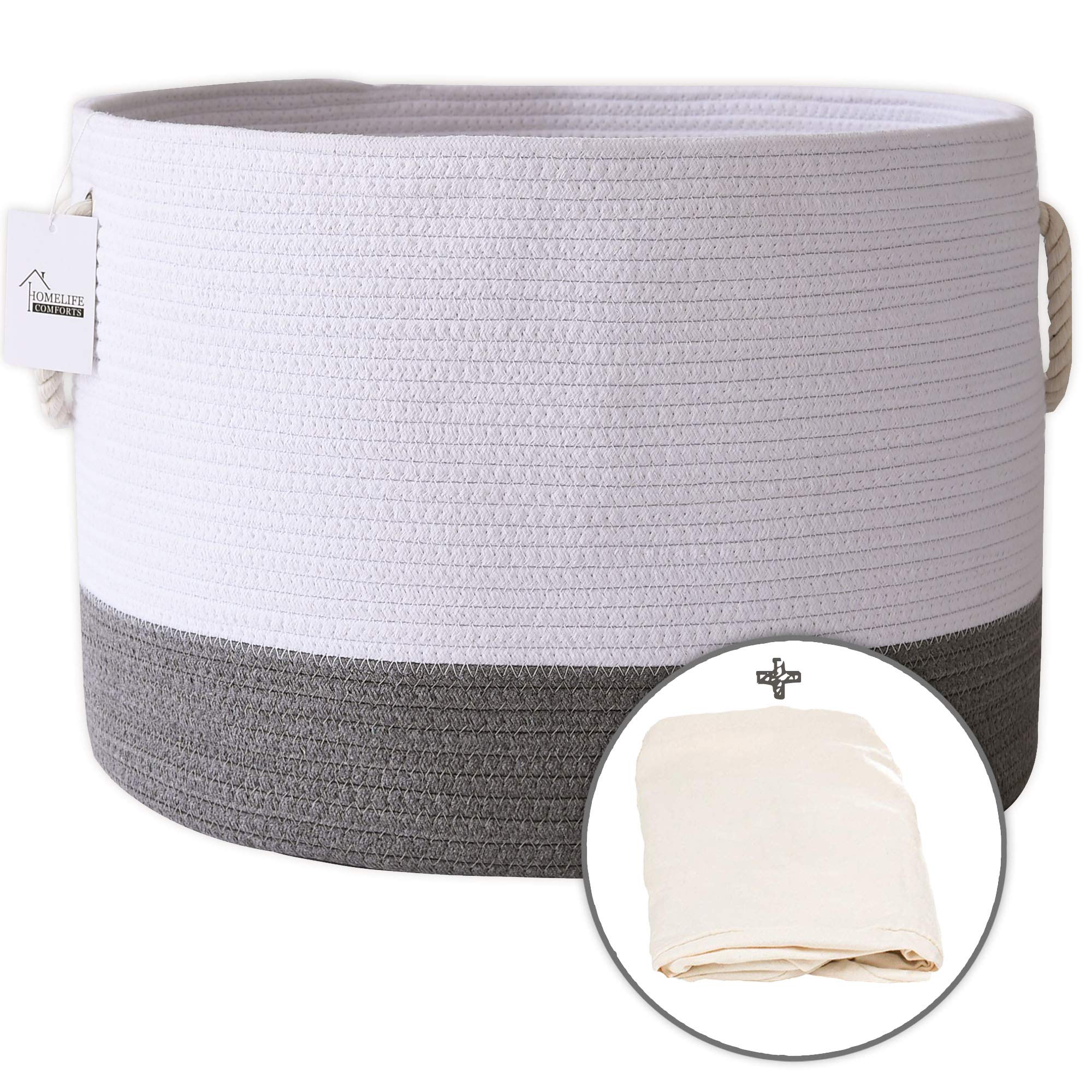 HomeLife Comforts XXL Woven Cotton Rope Basket | 20"x13" Blanket Pillow Towel Baby Toy Nursery Storage Organizer | Decorative Clothes Hamper Bin | Extra Large White Grey as Decor Gift for Laundry Room