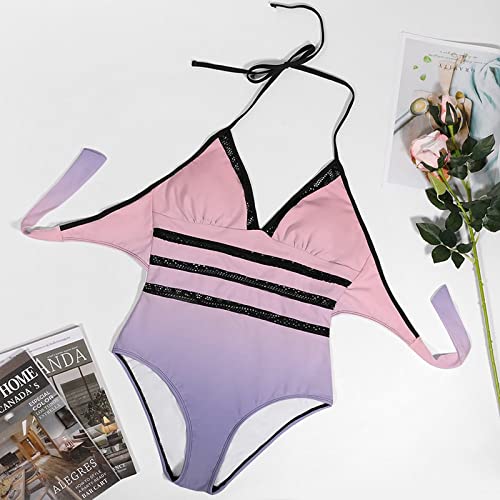 lnmuld Women Casual 1 Pieces Control V Neck High Waisted Bathing Suit Wrap Tie Back Monokini Sexy Hollow Out Swimsuits Bathing Pink