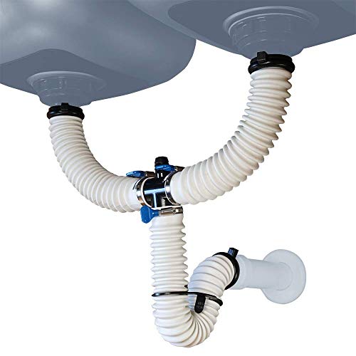 OHIO SUPPLY Double Basin Simple Drain-Flexible Rubber Trap and Connectors For 2-Bowl Standard or Disposal Sink Drains, White