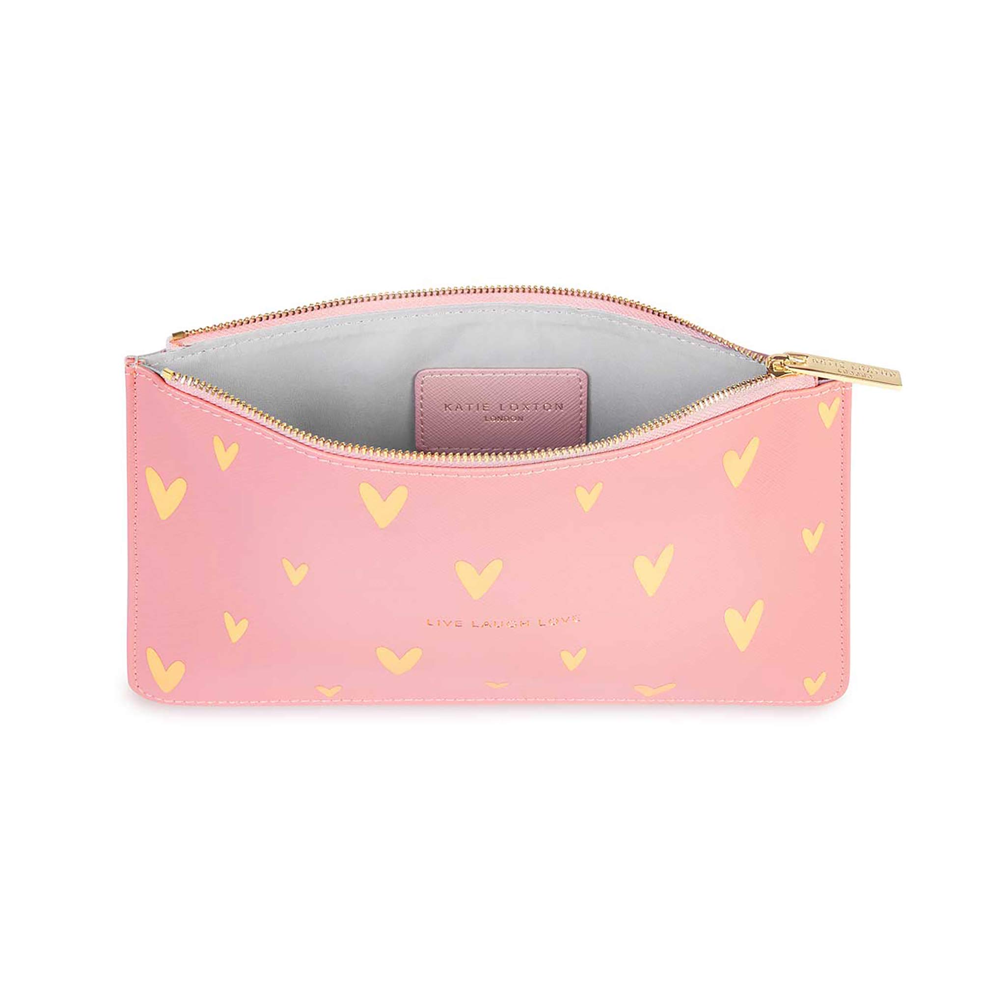 KATIE LOXTON Gold Print Live Love Sparkle Womens Medium Vegan Leather Clutch Perfect Pouch Pink Hearts