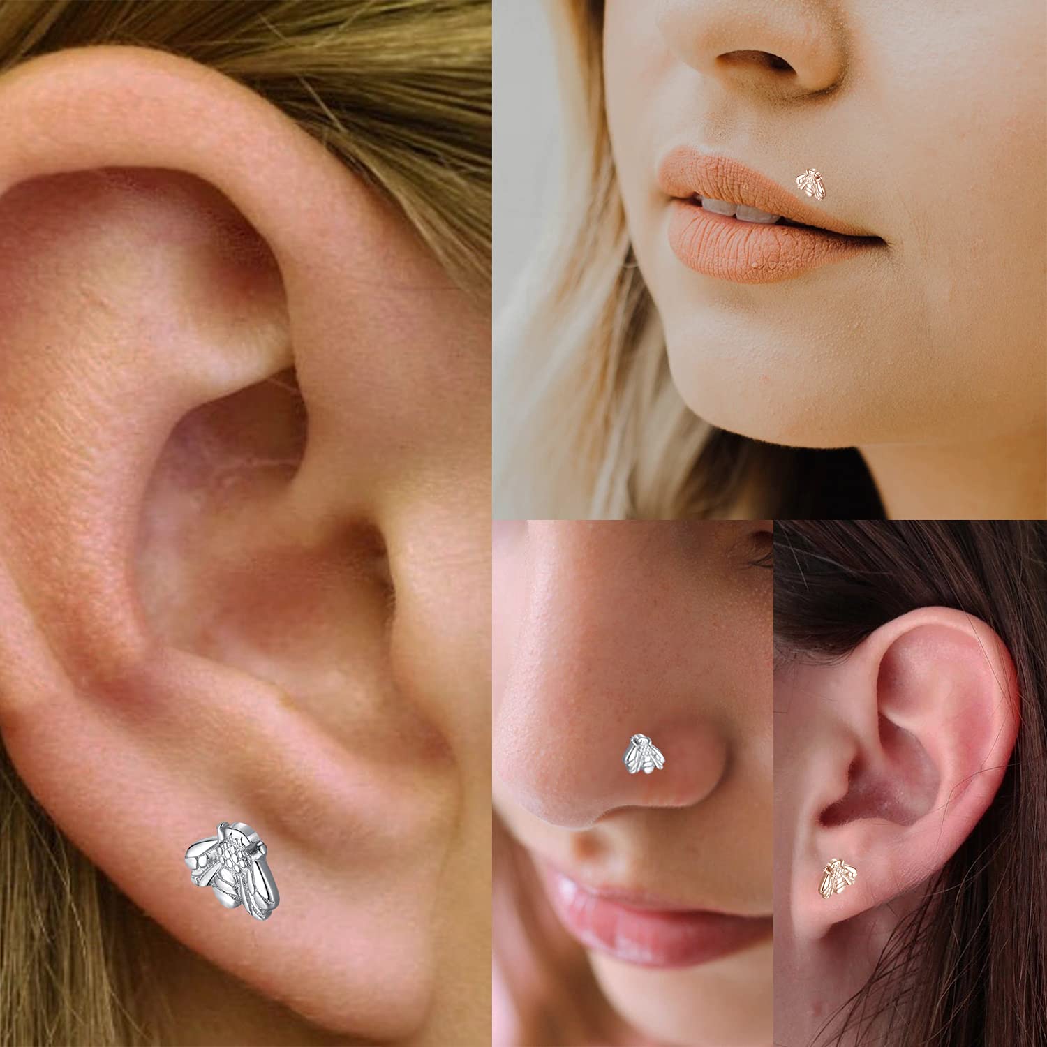 JINSAWW 16G Bee Internally Threaded Labret Stud Stainless Steel Ear Cartilage Helix Tragus Conch Flat Back Piercing Stud Body Jewelery