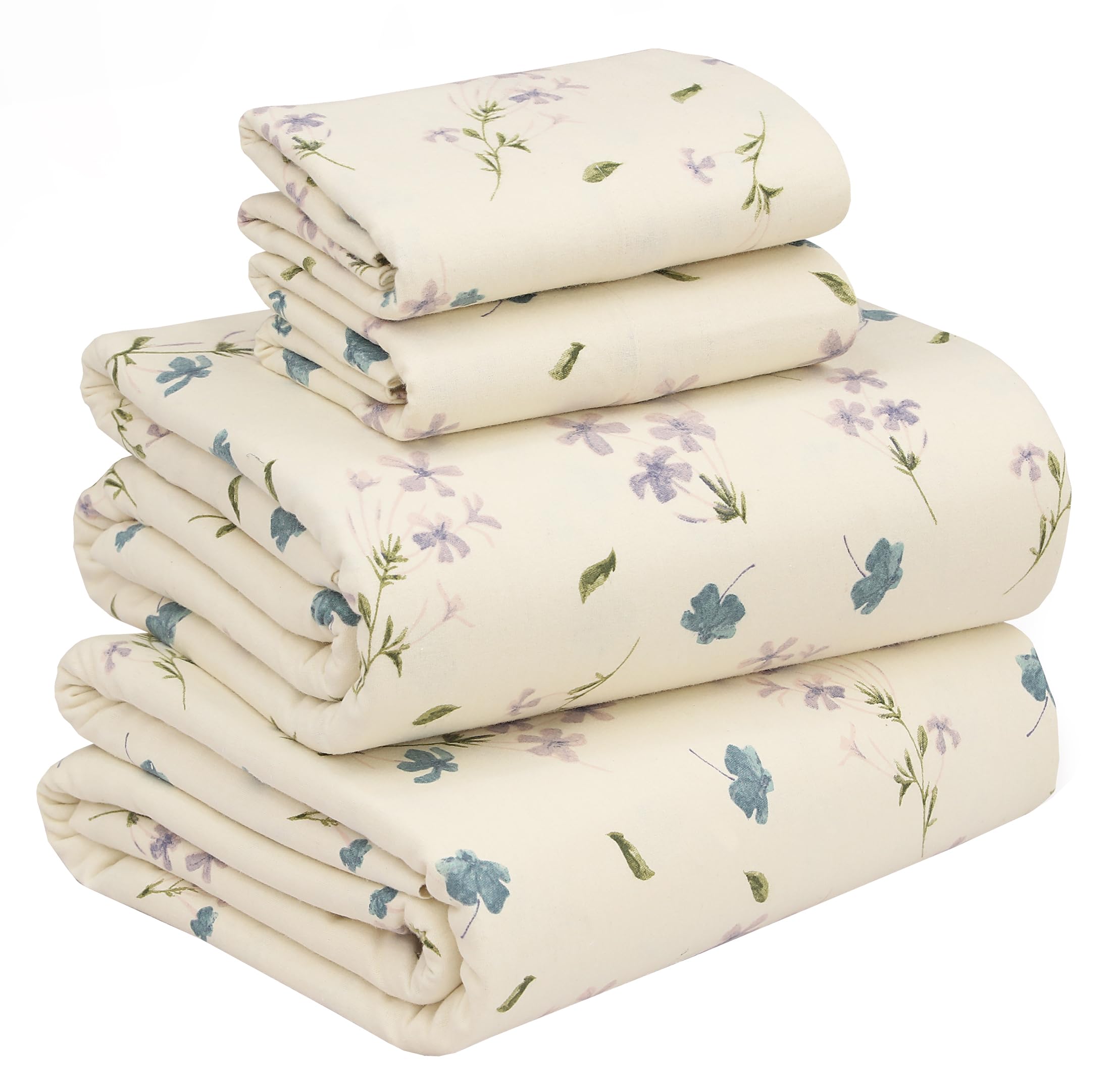 RUVANTI Flannel Sheets Twin Size - 100% Cotton Double Brushed Twin Sheets Set, Deep Pockets 16 Inches, All Seasons Breathable & Extra Soft Bed Sheets, Warm & Cozy, 3 Piece, Jasmine Stamp Cream