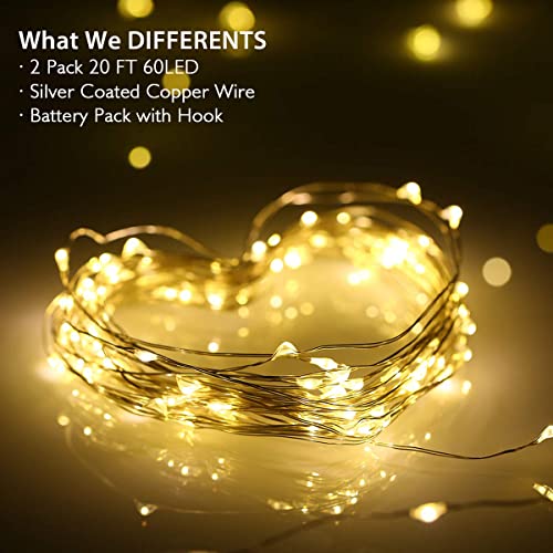 Homemory 2 Pack Each 20 Ft 60 LED Short Fairy Lights Battery Operated Christmas String Lights with Remote, Waterproof 8 Modes Firefly Twinkle Lights for Christmas Tree, Wreath Decor