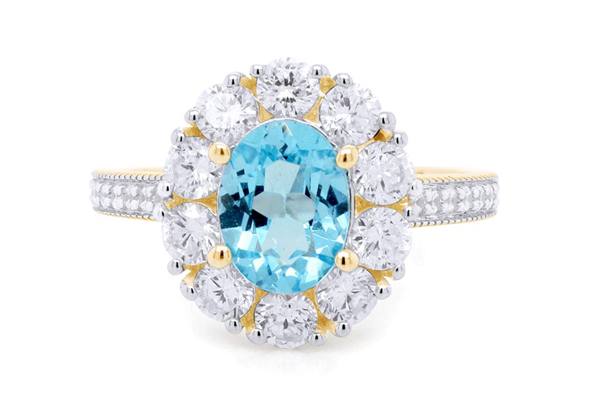 GEMVIO Collection 3 1/2 CT Cluster Halo Design, 6X8MM Oval Blue Topaz & Cubic Zirconia Ring 14k Yellow Gold Over Sterling Silver Engagement Wedding Promise Ring For Womens (3.50Cttw) Ring Size-7.5