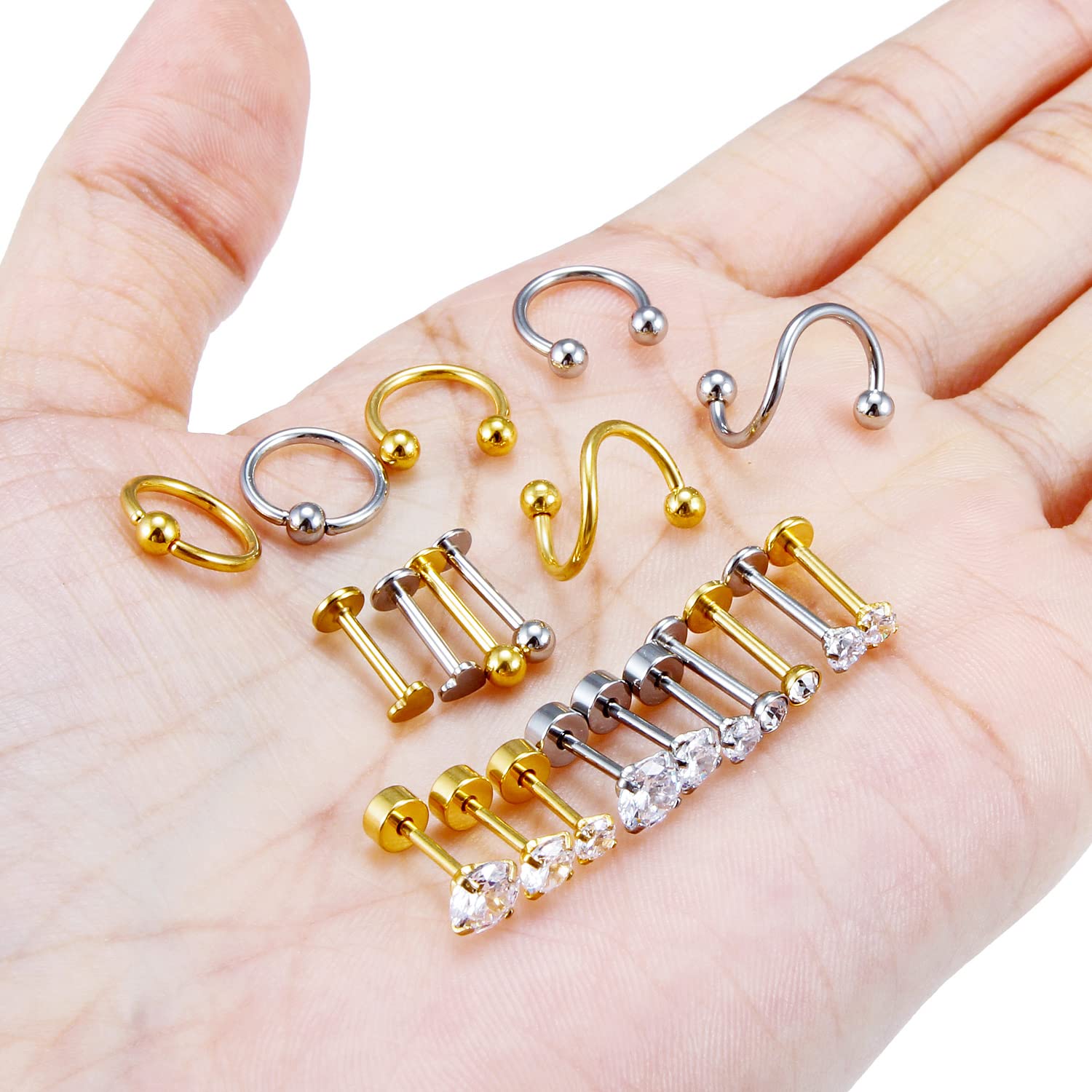 Lcolyoli 20Pcs 16G Helix Piercing Jewelry Stainless Steel Cartilage Earring Flat Back Tragus Single Earring Lip Rings Hoop Labret Studs Daith Rook Piercing