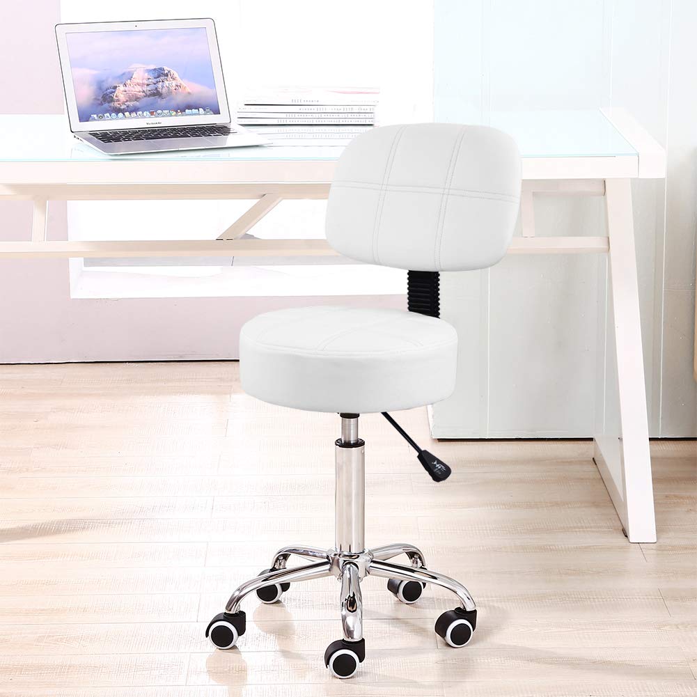 KKTONER Round Rolling Stool with Back PU Leather Height Adjustable Swivel Drafting Work SPA Salon Stools Chair with Wheels White