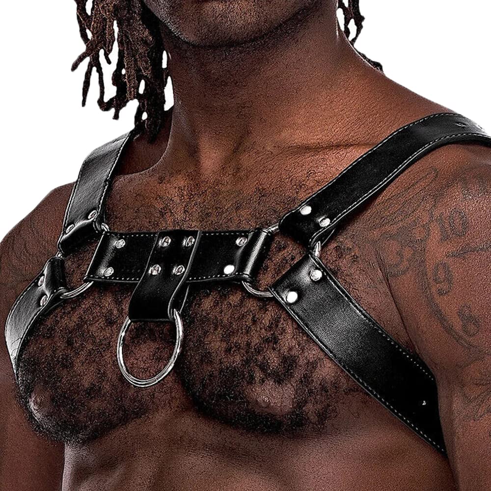 Leather Harness Men Leather Body Chest Half Harness Adjustable Black